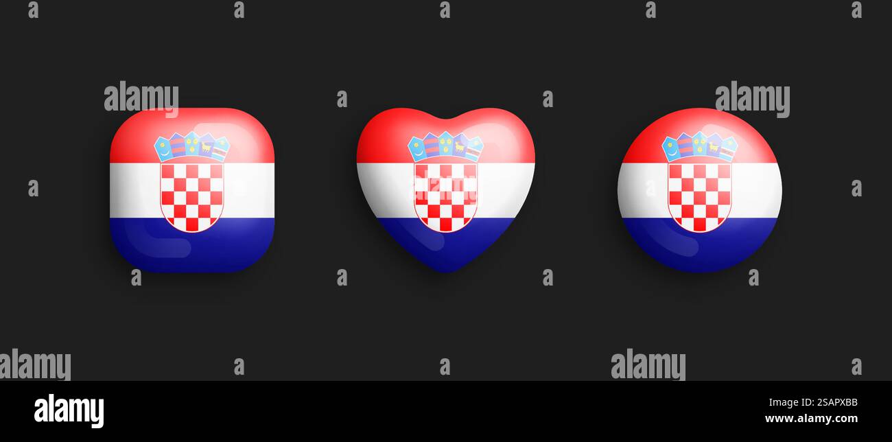 Croatia Official National Flag 3D Vector Glossy Icons In Rounded Square ...