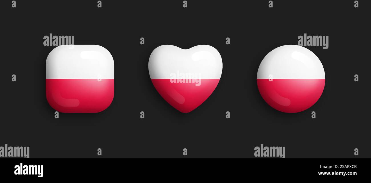 Poland Official National Flag 3D Vector Glossy Icons In Rounded Square, Heart And Circle Shape ...