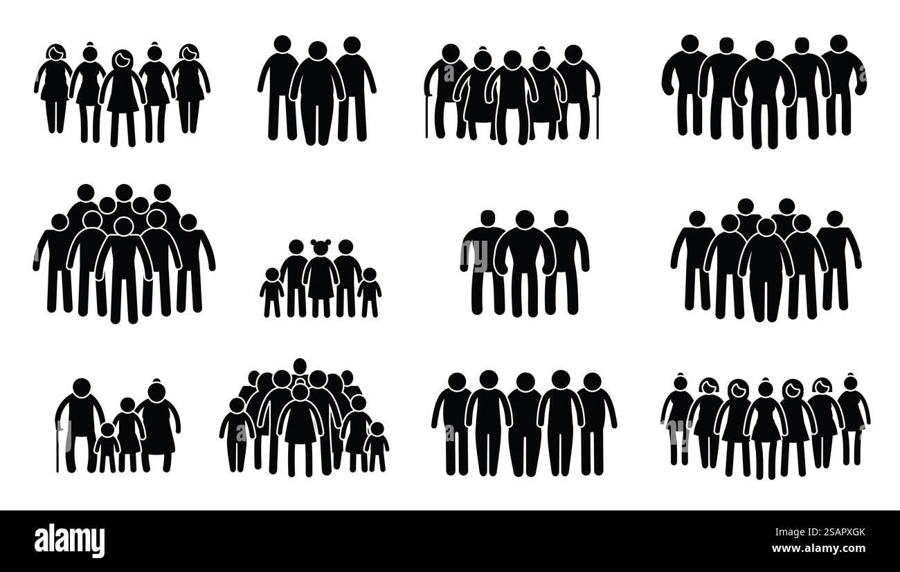 Stick people crowd. Group of people with black stick silhouettes, human ...