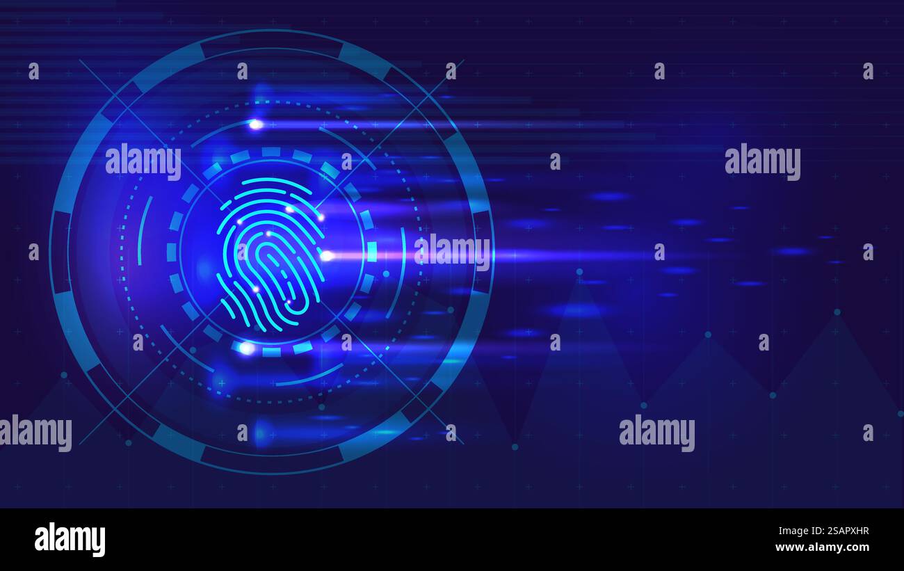 Fingerprint concept background. Modern electronic fingerprint scanner with code, ID card and ...