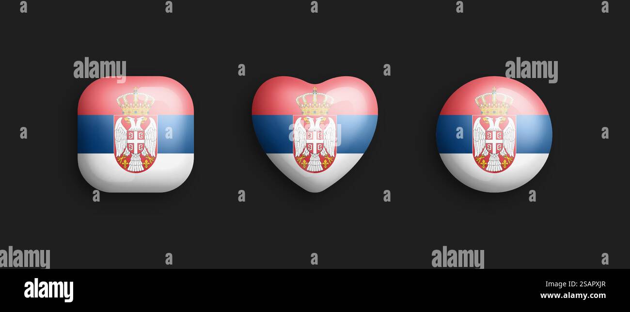 Serbia Official National Flag 3D Vector Glossy Icons In Rounded Square, Heart And Circle Shape ...
