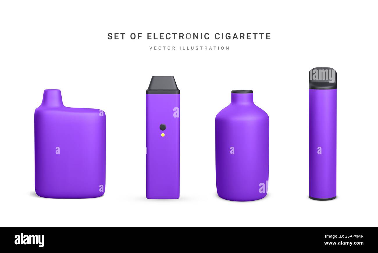 Set of 3d realistic disposable electronic cigarette isolated on white background. Modern smoking ...