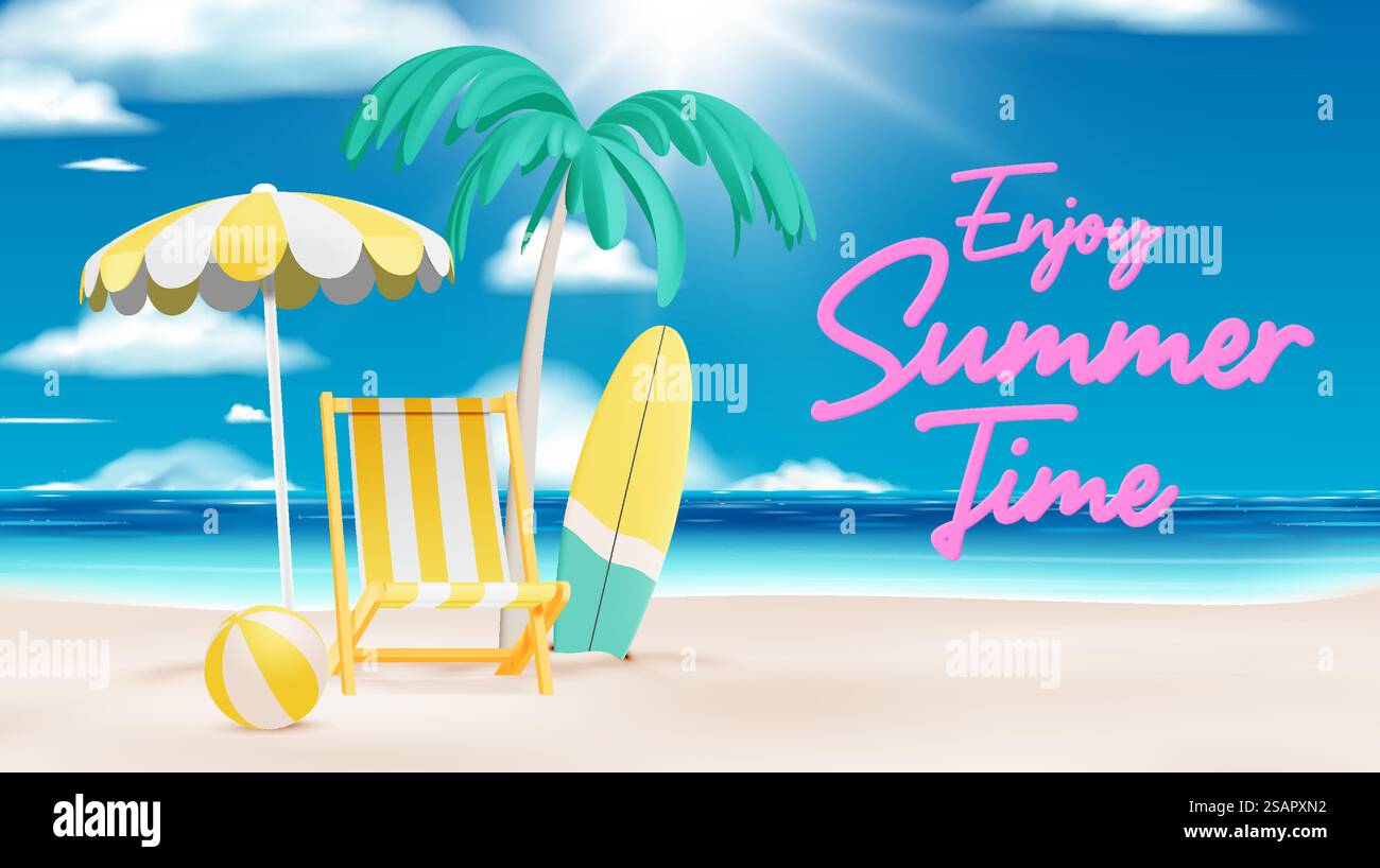 Deck chair for Summer and Beach things in 3d realistic art style with ...