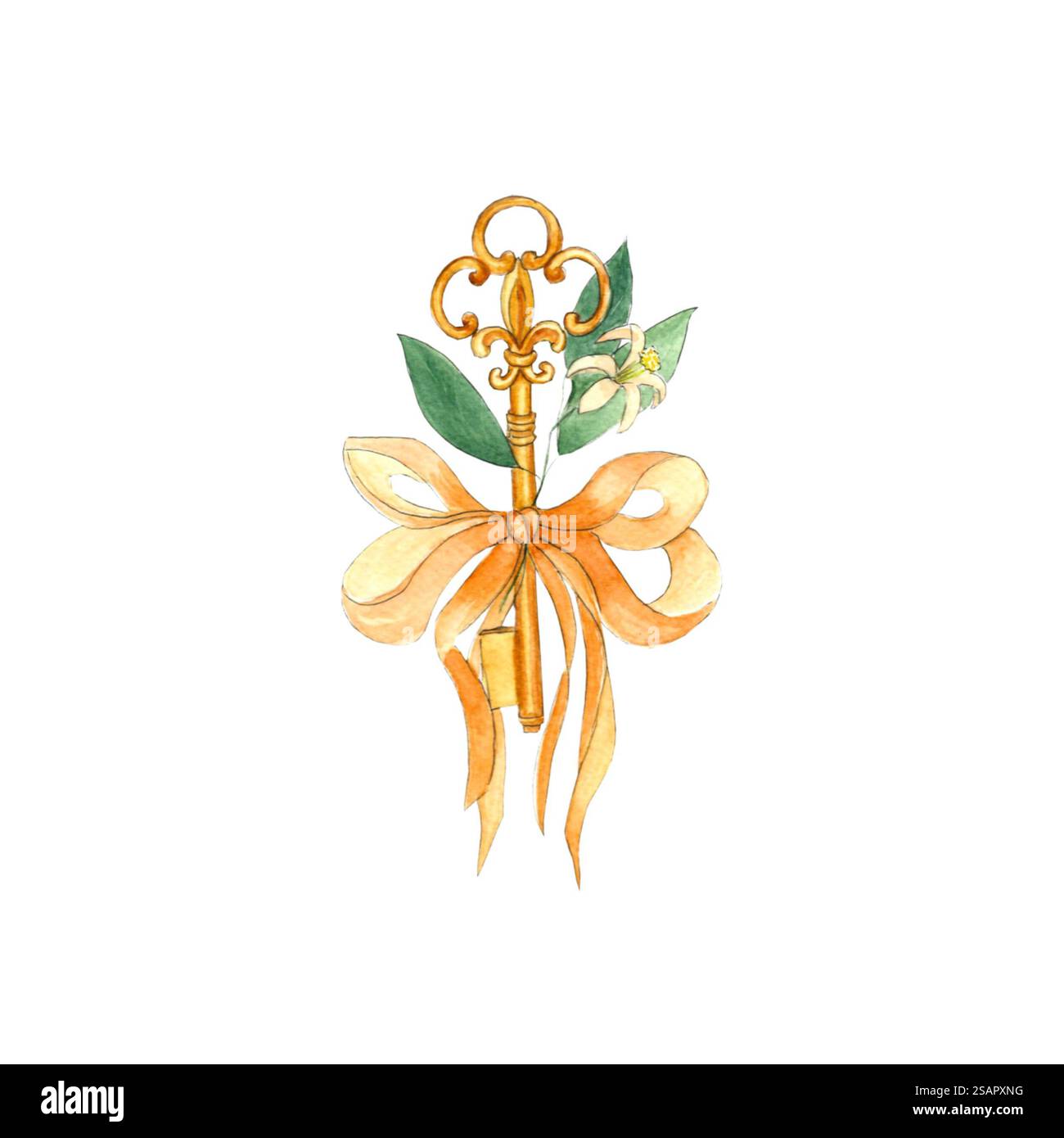 Watercolor butterfly on old key with a bow and flower. Template ...