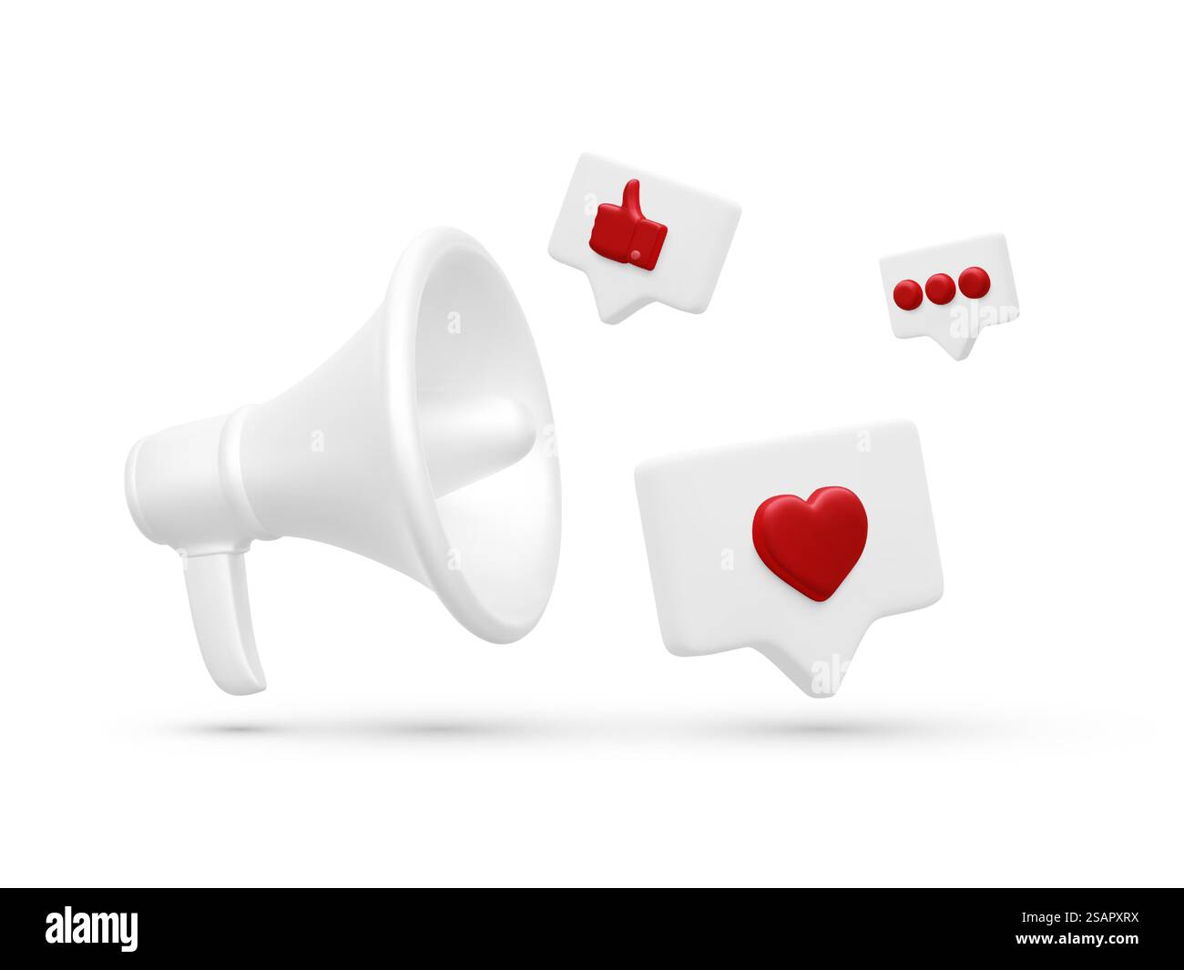 3d realistic megaphone and flying thumb up, heart and chat icons ...