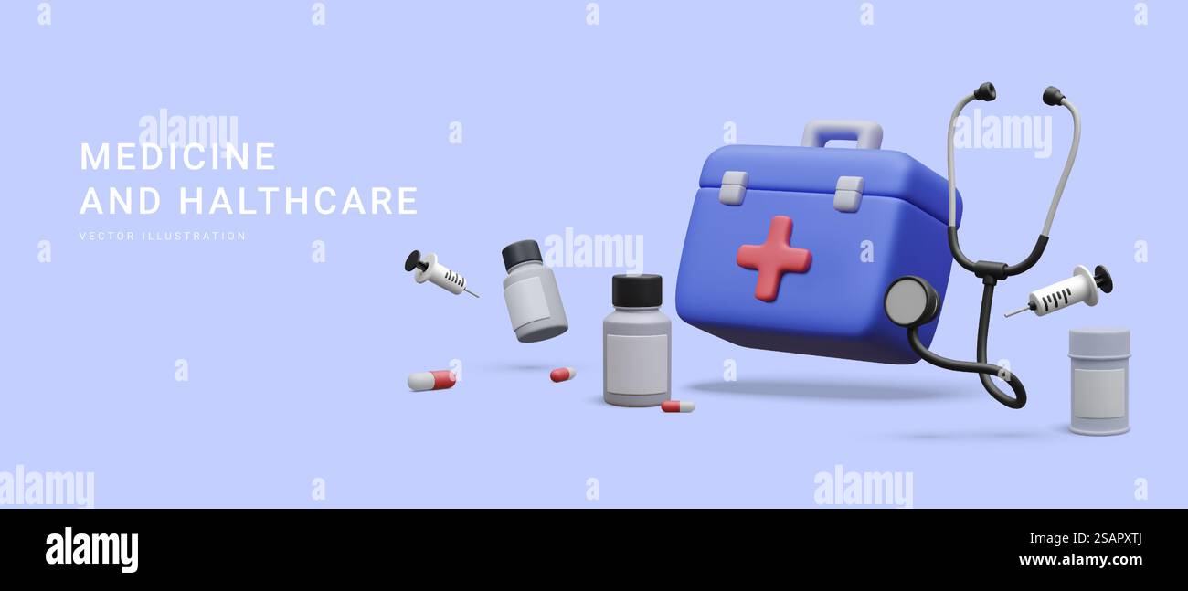 3d realistic first aid kit with stethoscope, pill boxes and syringe isolated on blue background ...
