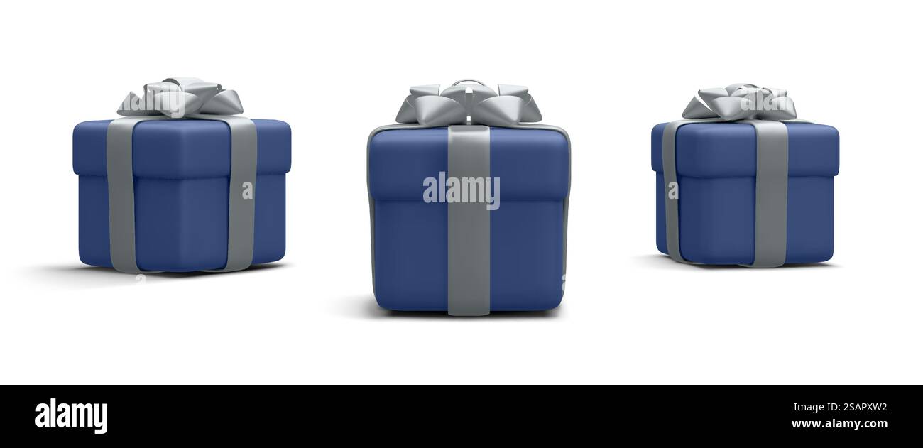 Set of 3d realistic blue gift boxes with silver ribbon isolated on ...
