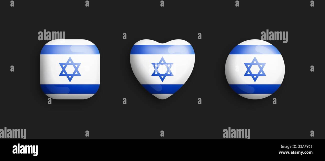 Israel Official National Flag 3D Vector Glossy Icons In Rounded Square ...