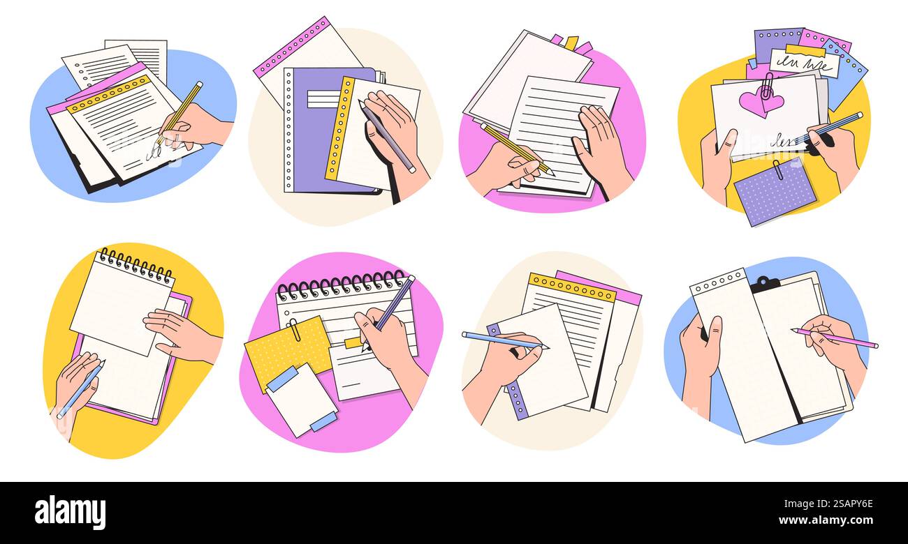 Hands making notes collection. Doodle writing and drawing symbols ...