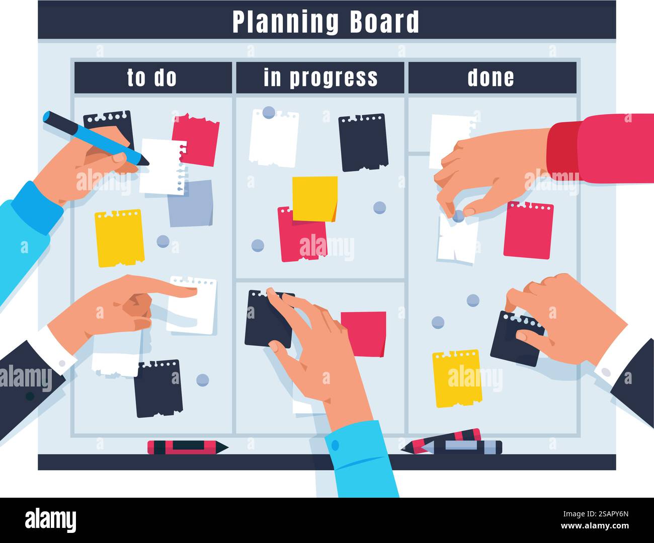 Scrum task board. Ream project collaboration, cartoon hands pointing on ...