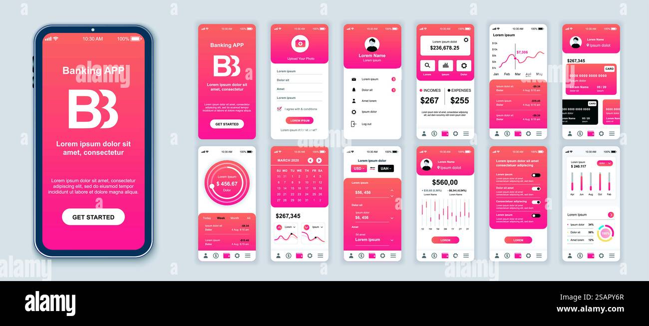 Banking mobile app interface screens template set. Online account ...