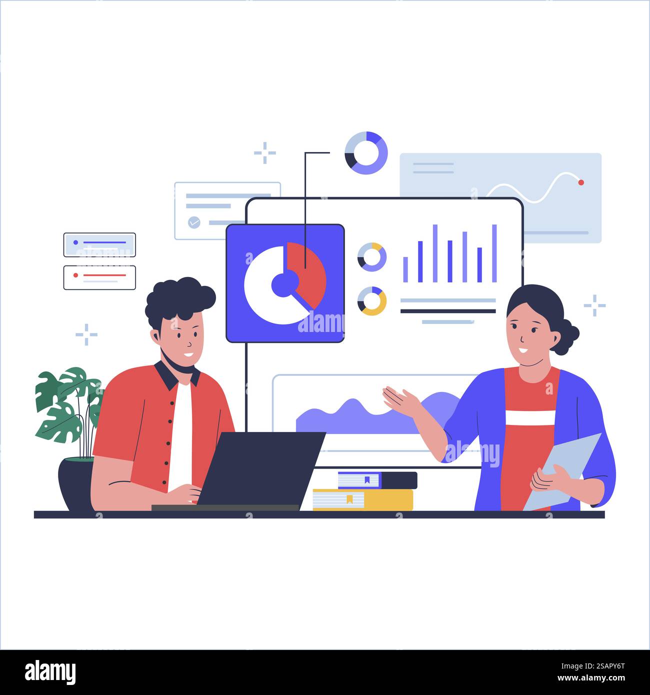 Business team analytics concept illustration. Data analysis and statistics. Vector flat ...