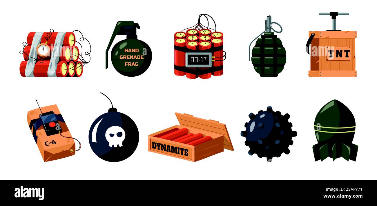 Cartoon bomb set. Dynamite and bomb military explosive ammunition ...