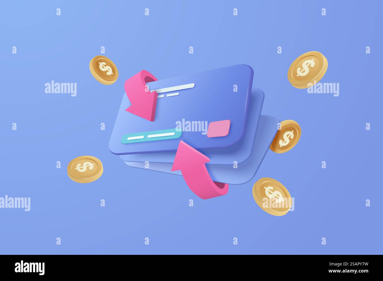 3D cashback credit card and money refund. business bank with holding ...