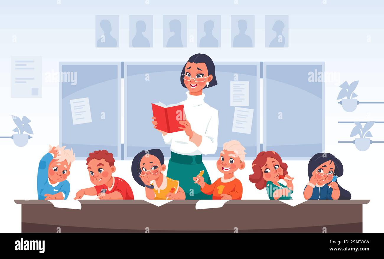 Children and teacher. Cartoon primary school students. Happy boys and ...