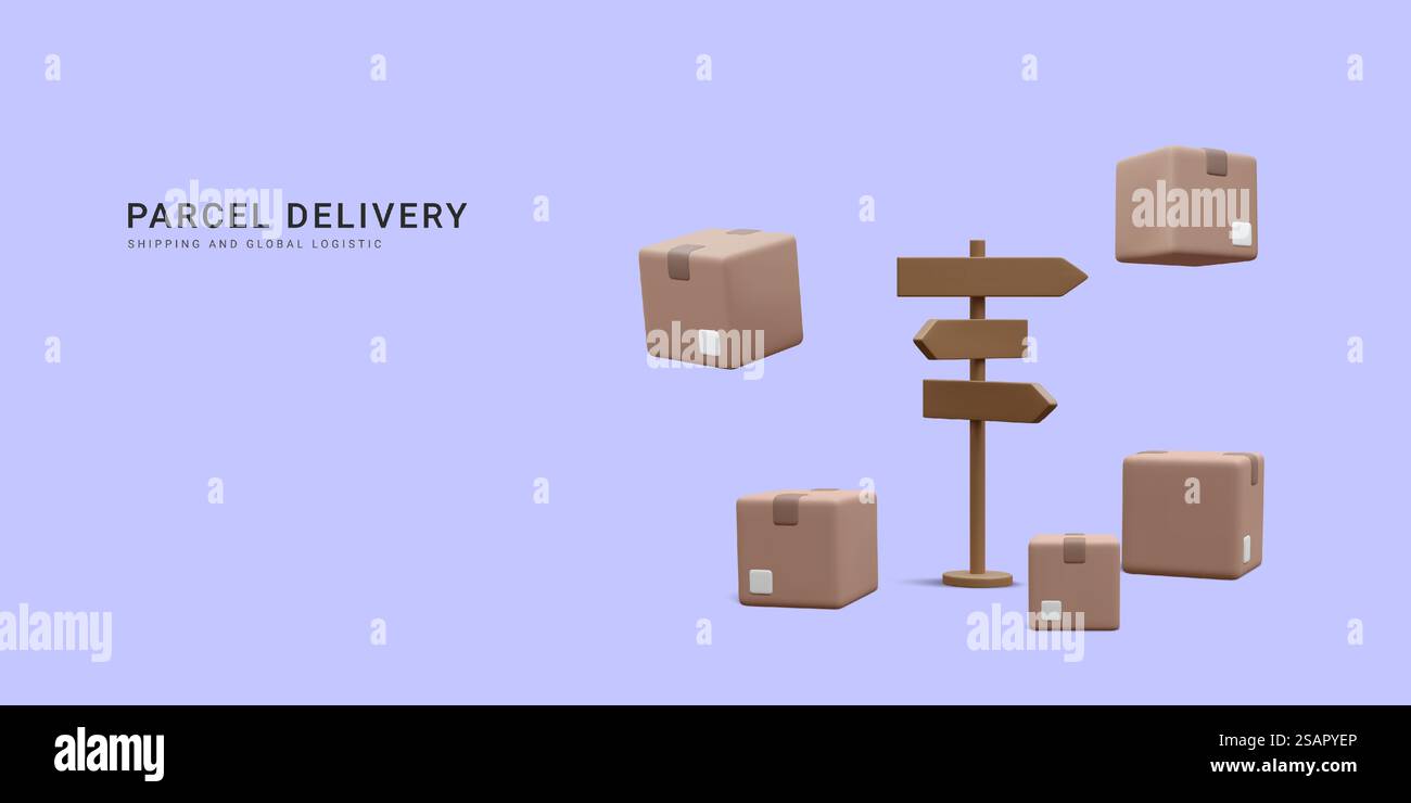 3d realistic cardboard boxes with direction sign for fast delivery ...