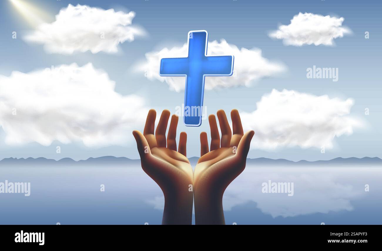 Religious card, hands on sunset background, Christian cross. Vector ...