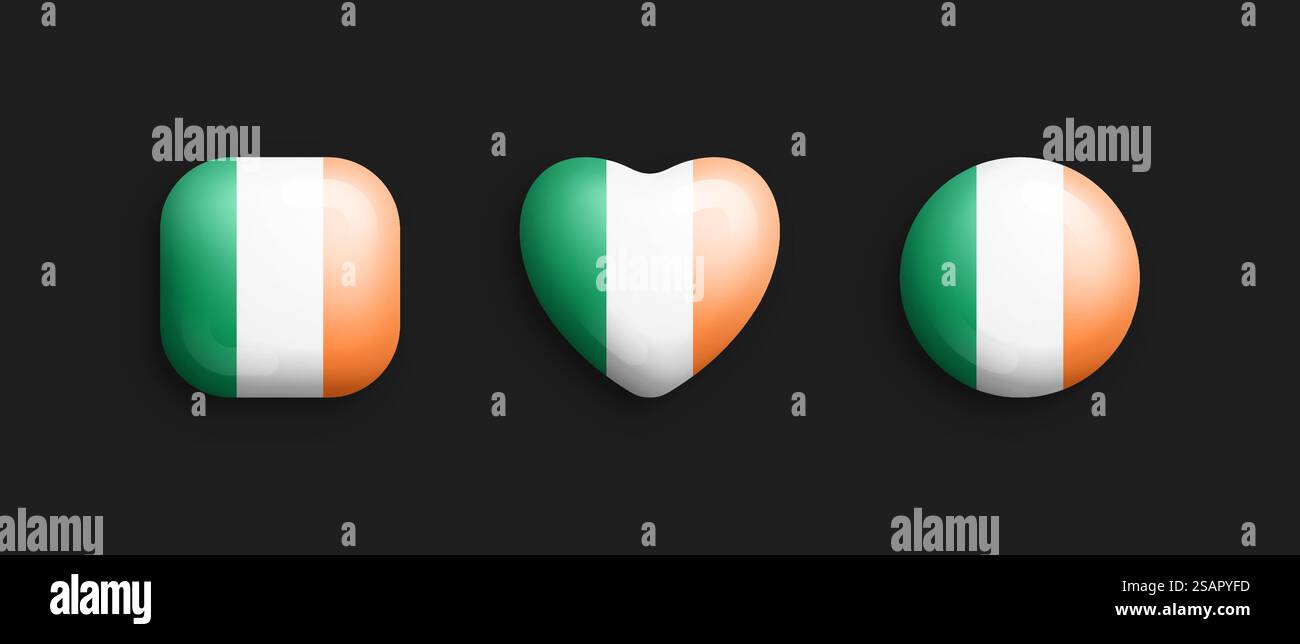 Ireland Official National Flag 3D Vector Glossy Icons In Rounded Square ...