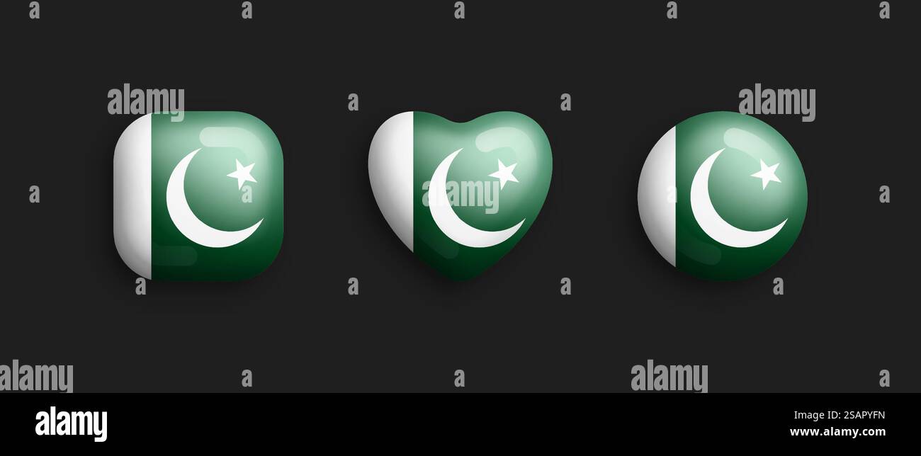 Pakistan Official National Flag 3D Vector Glossy Icons In Rounded ...