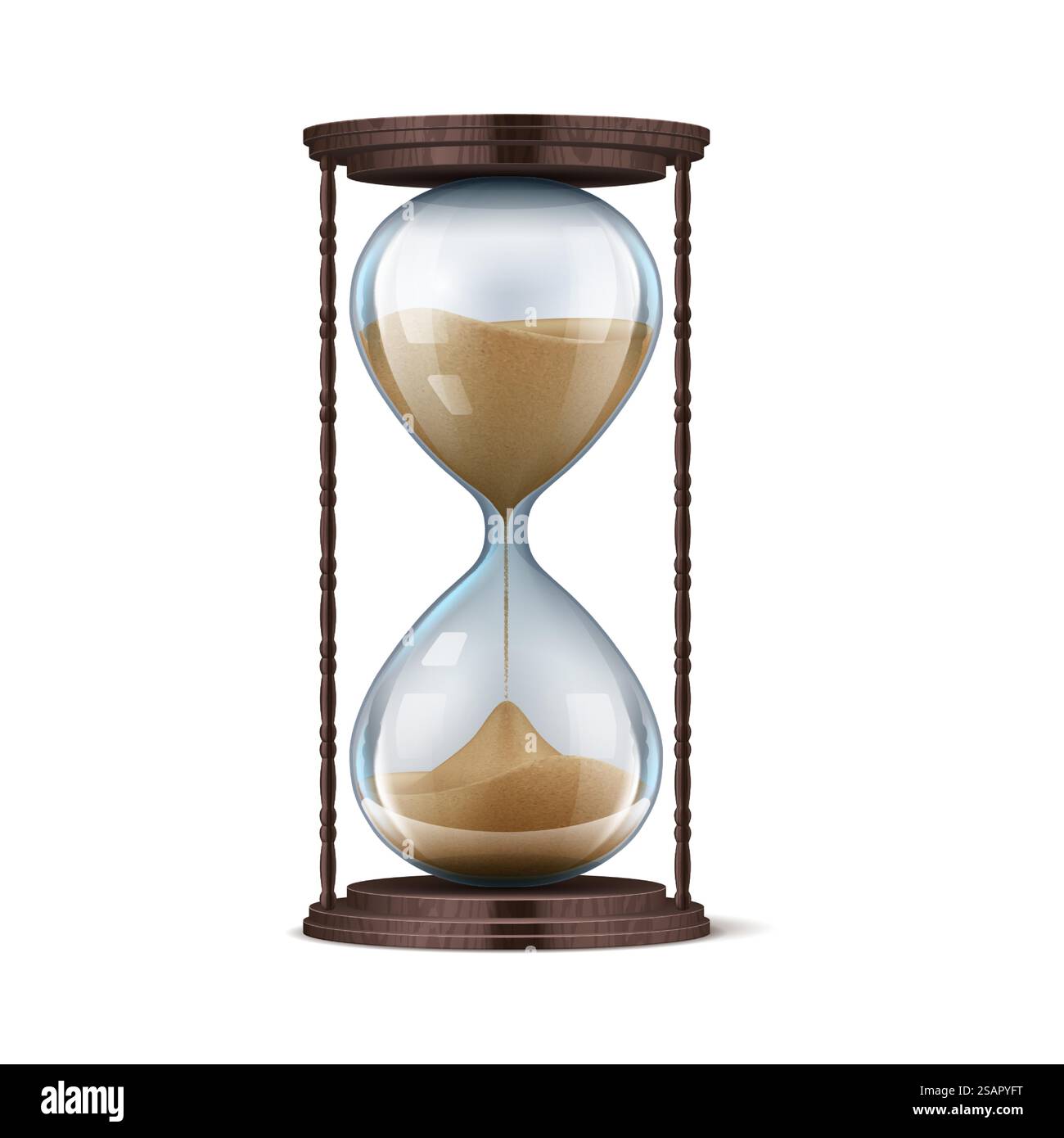 Wooden hourglass. Realistic glass sand clock. 3D stopwatch on brown ...