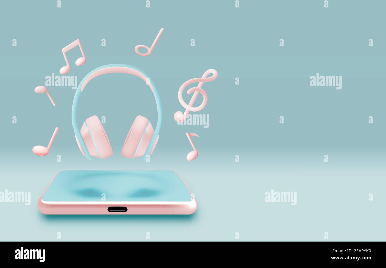 Mobile phone with Music notes, song, melody or tune 3d realistic vector ...