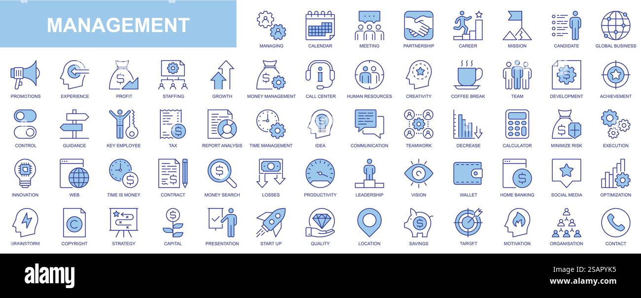 Management web icons set in blue line design. Pack of meeting ...