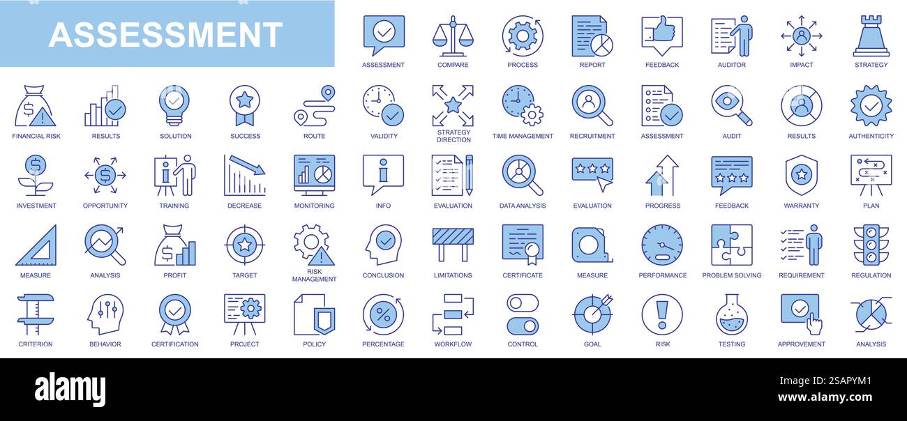 Assessment web icons set in blue line design. Pack of process, report ...