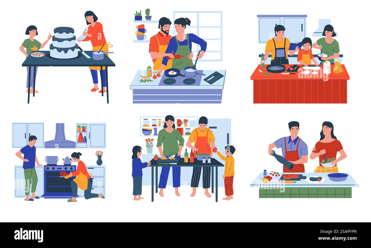 Food preparing. Cartoon families and friends cooking at home. Happy ...