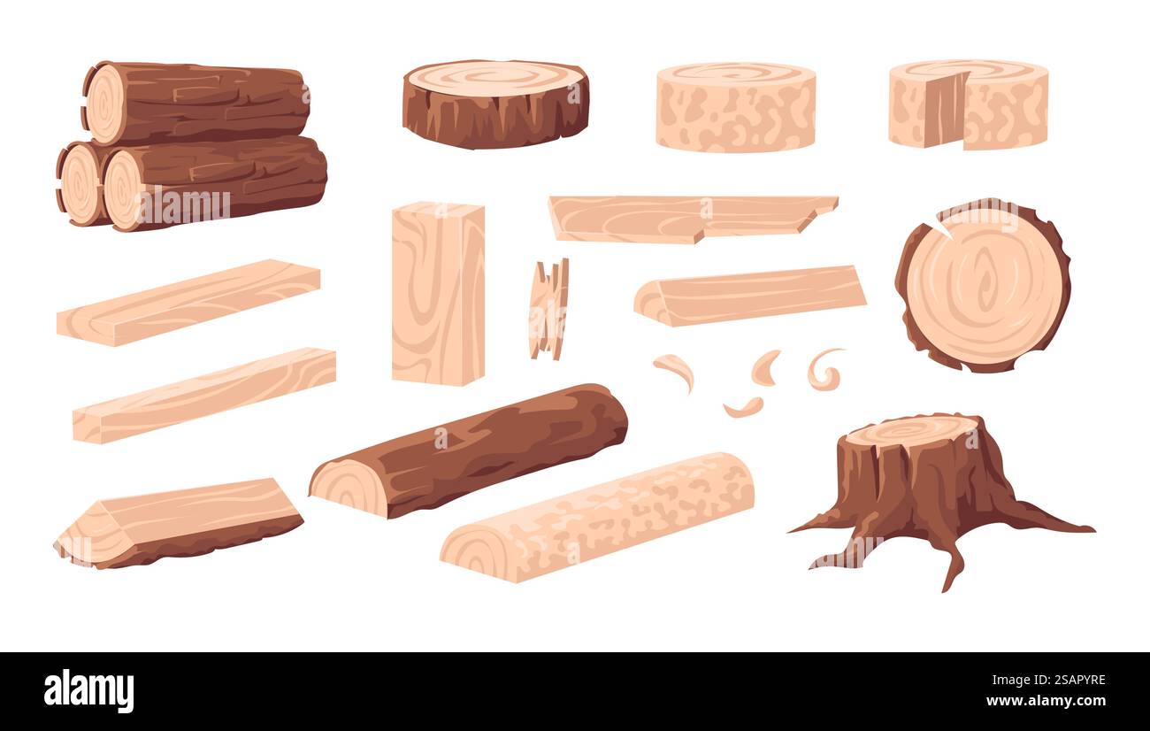 Cartoon lumber. Wood materials. Forest tree trunk and log. Branches ...