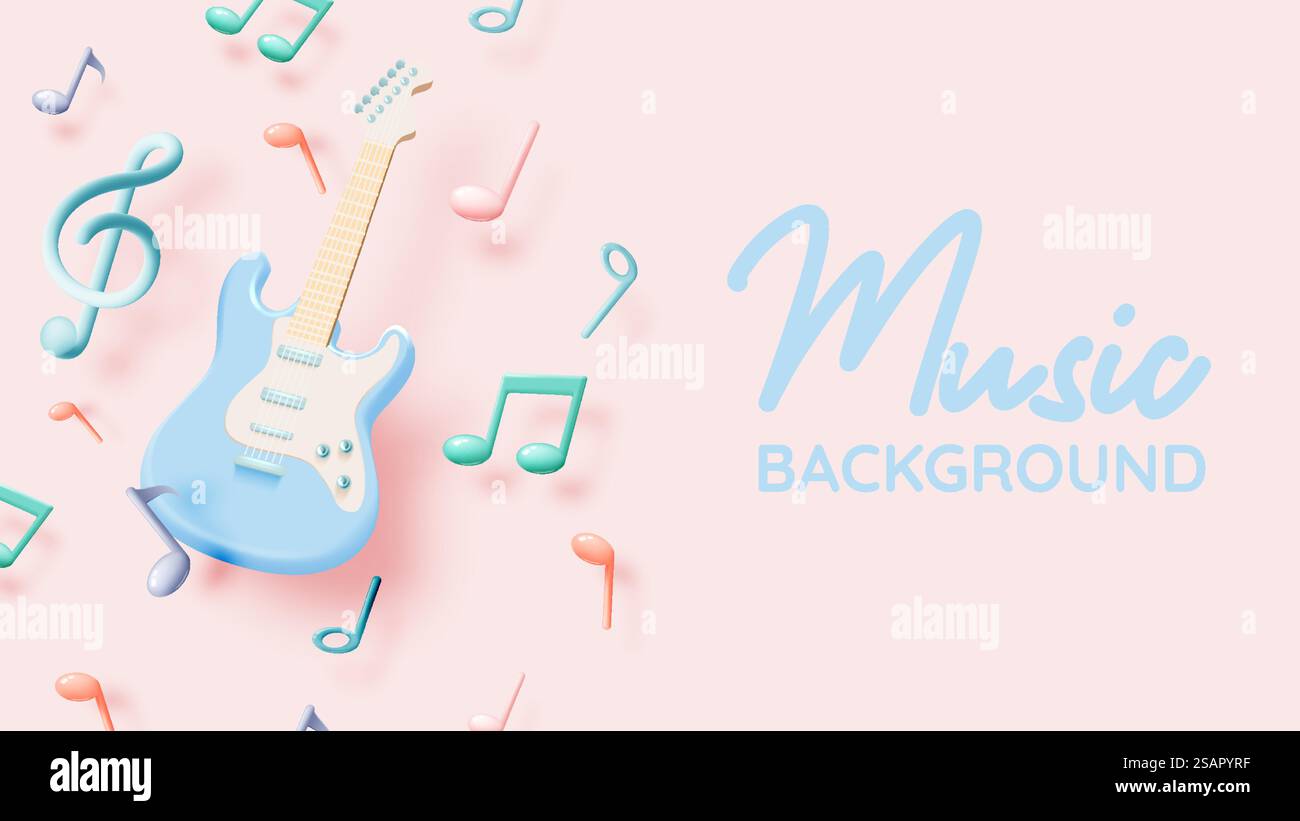 Electric guitar with Music notes, song, melody or tune 3d realistic ...