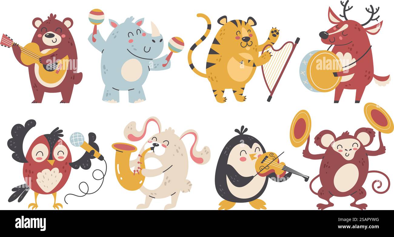 Animals play music. Cute happy wildlife characters with different ...