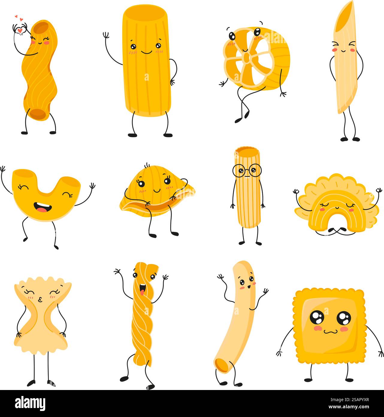 Pasta characters. Funny noodles with cute faces, hands and feet, comic ...