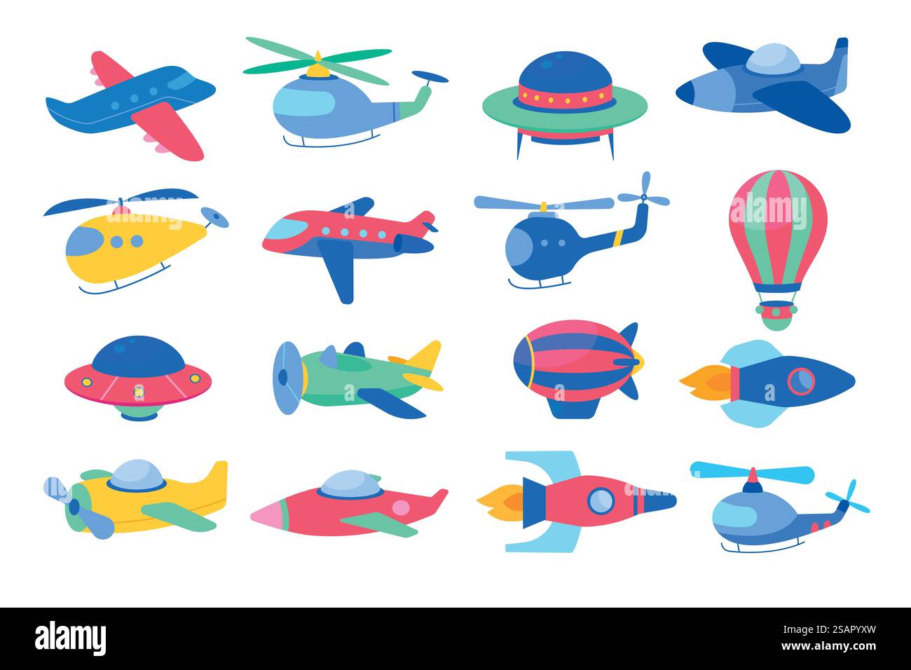 Childish air transport. Funny color kids aircrafts, rockets, planes and ...