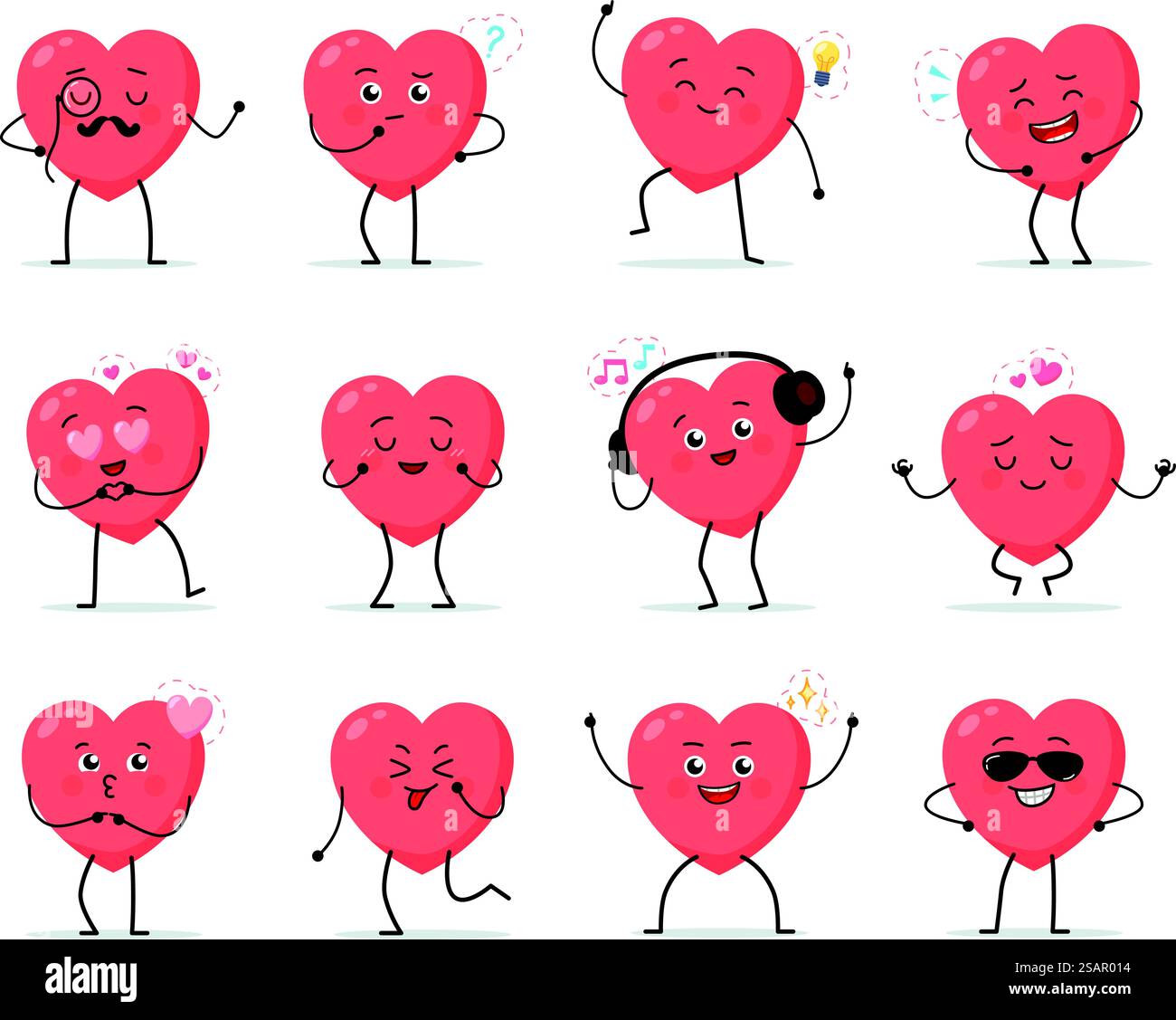 Cartoon heart character. Cute love symbols with faces different poses ...