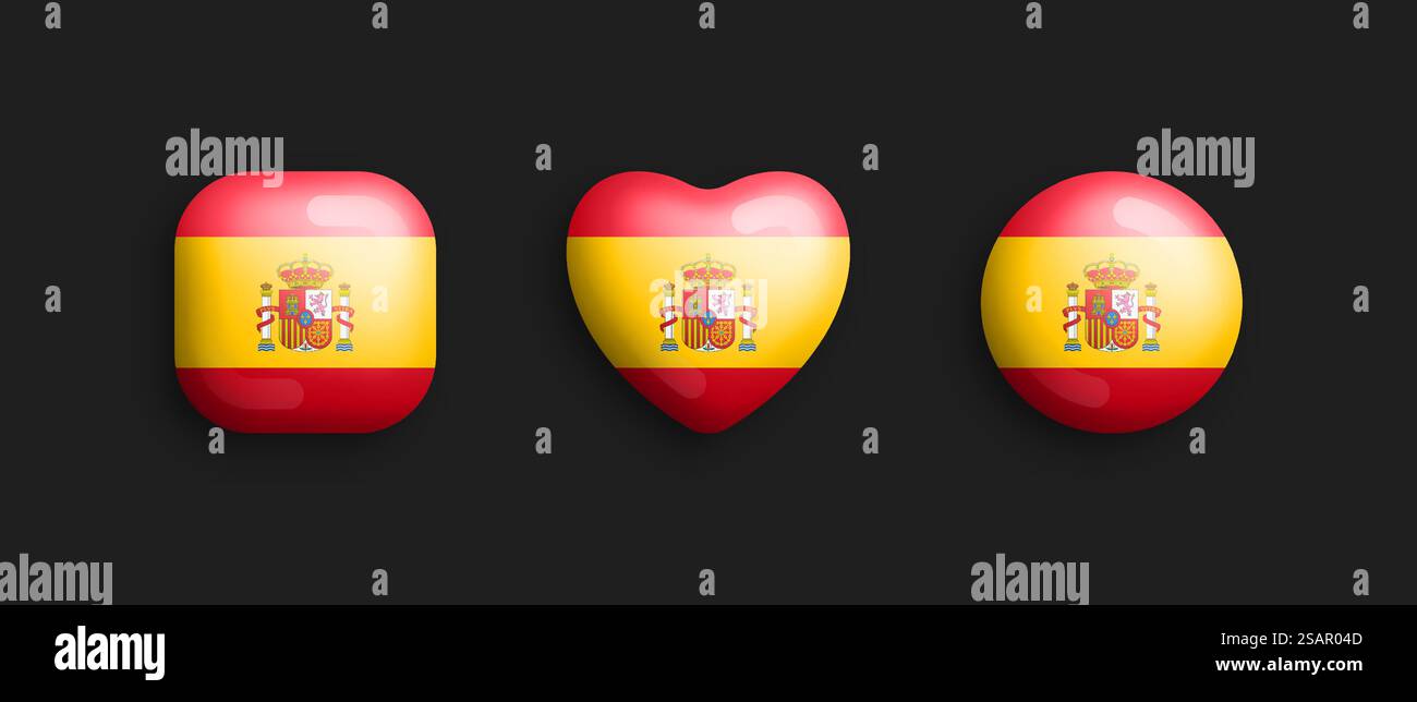 Spain Official National Flag 3D Vector Glossy Icons In Rounded Square ...