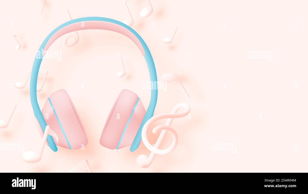 Music notes and headphones with melody or tune 3d realistic vector icon ...