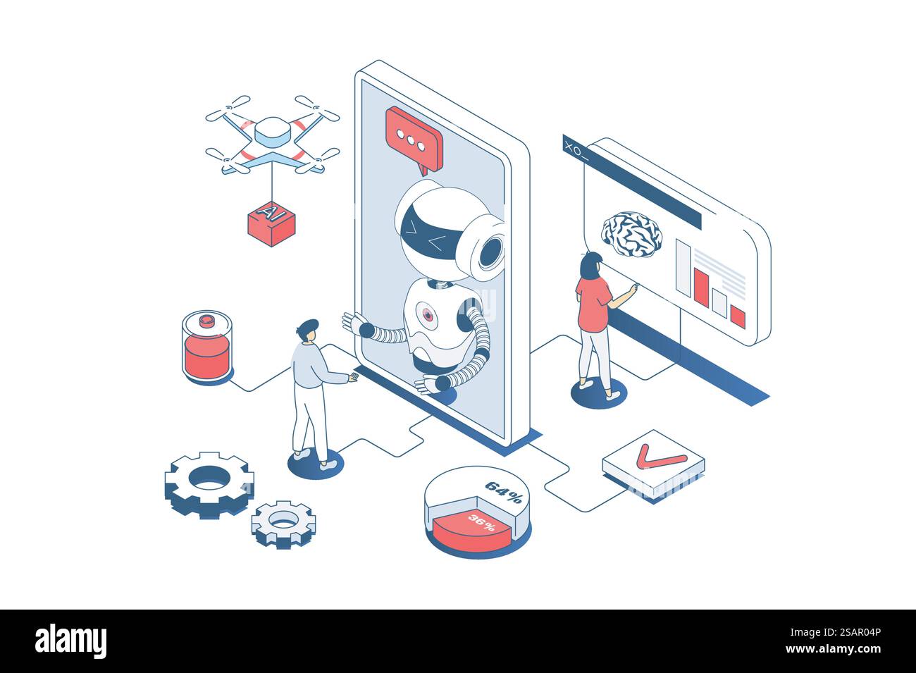 Artificial intelligence concept in 3d isometric design. Engineers working with ai robots ...