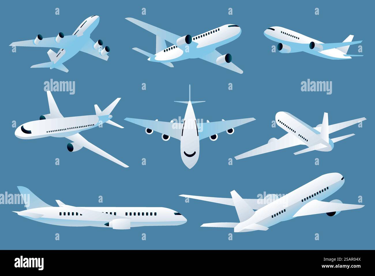 Passenger aircraft mega set elements in flat design. Bundle of flying ...
