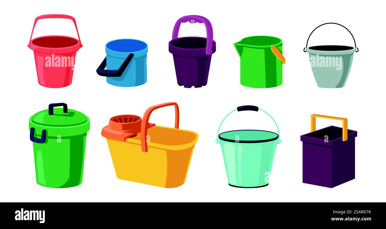 Cartoon bucket. Plastic and metal container with lid and handle for ...