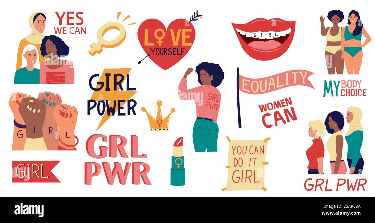 Feminist stickers. Womens solidarity and girl activist movement doodle ...