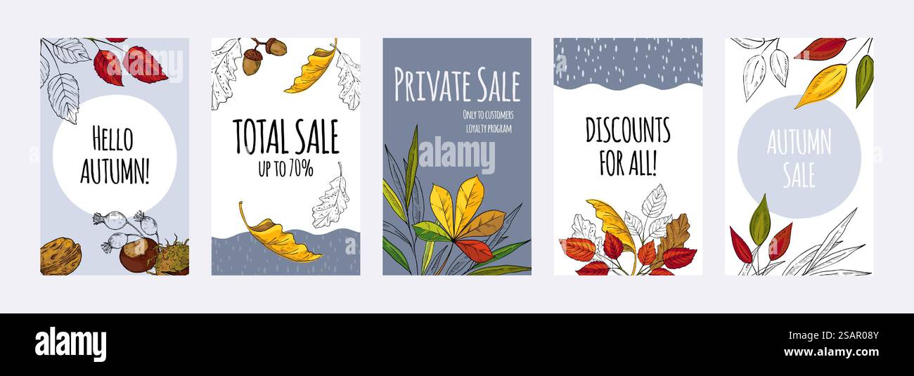 Autumn foliage posters. Hand drawn invitation and greeting cards. Red ...