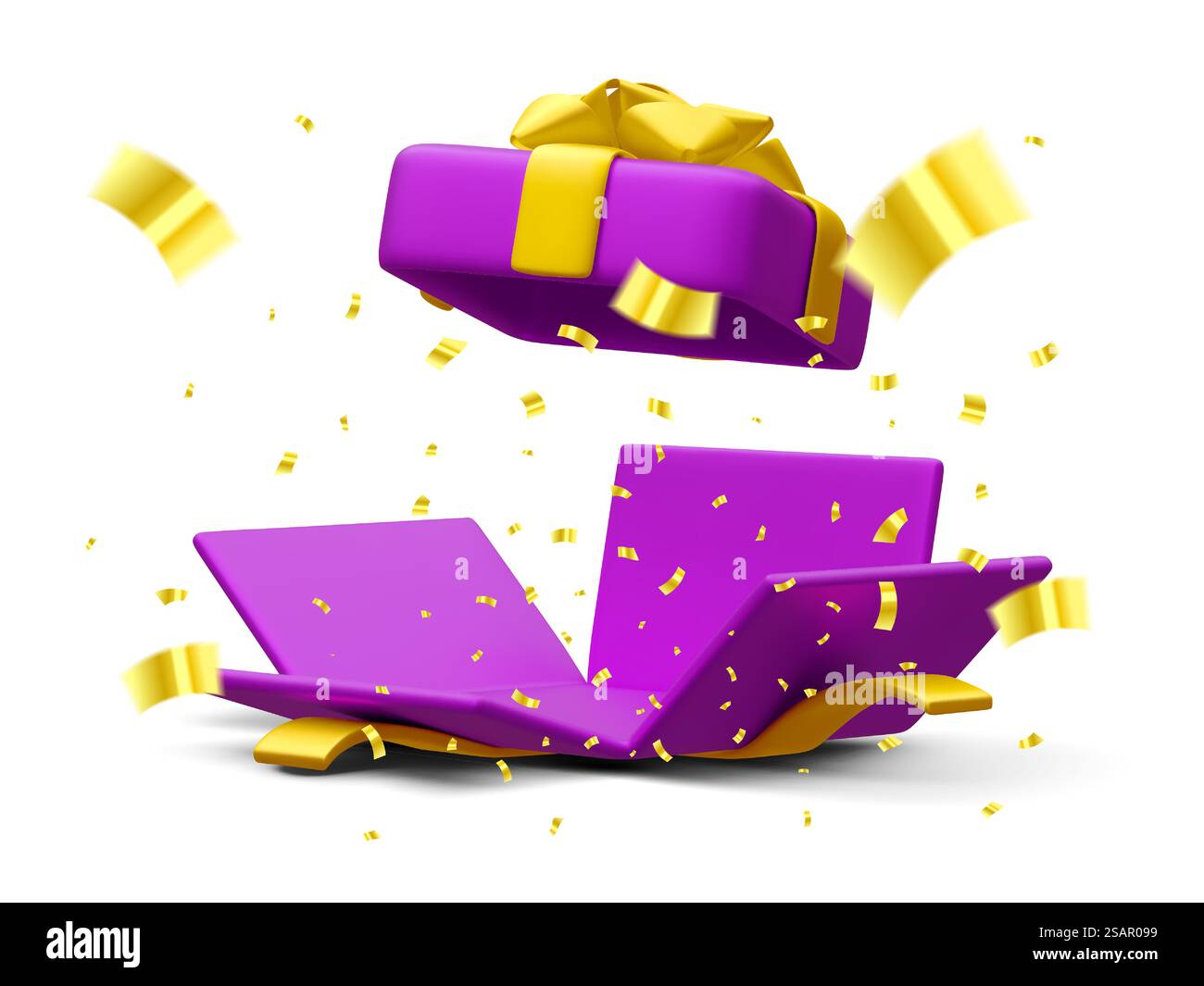 3d realistic open gift box and flying gold confetti on white background ...