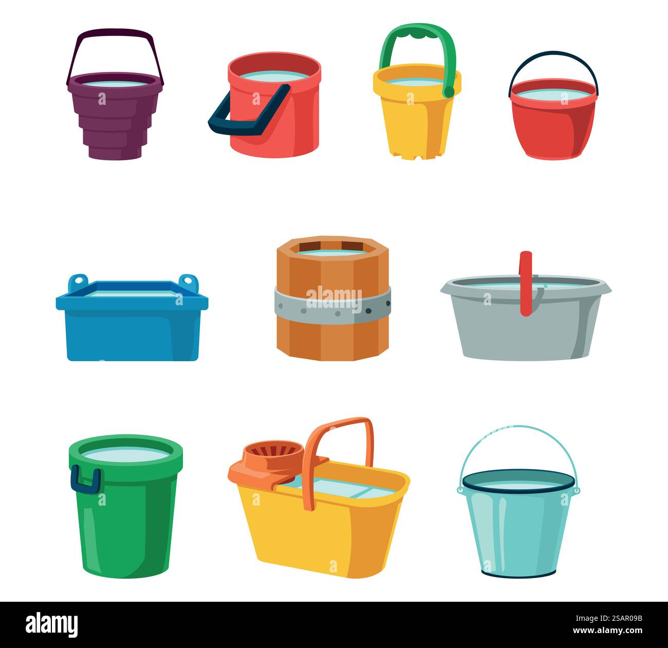 Bucket. Metal wooden and plastic containers with water. Household ...