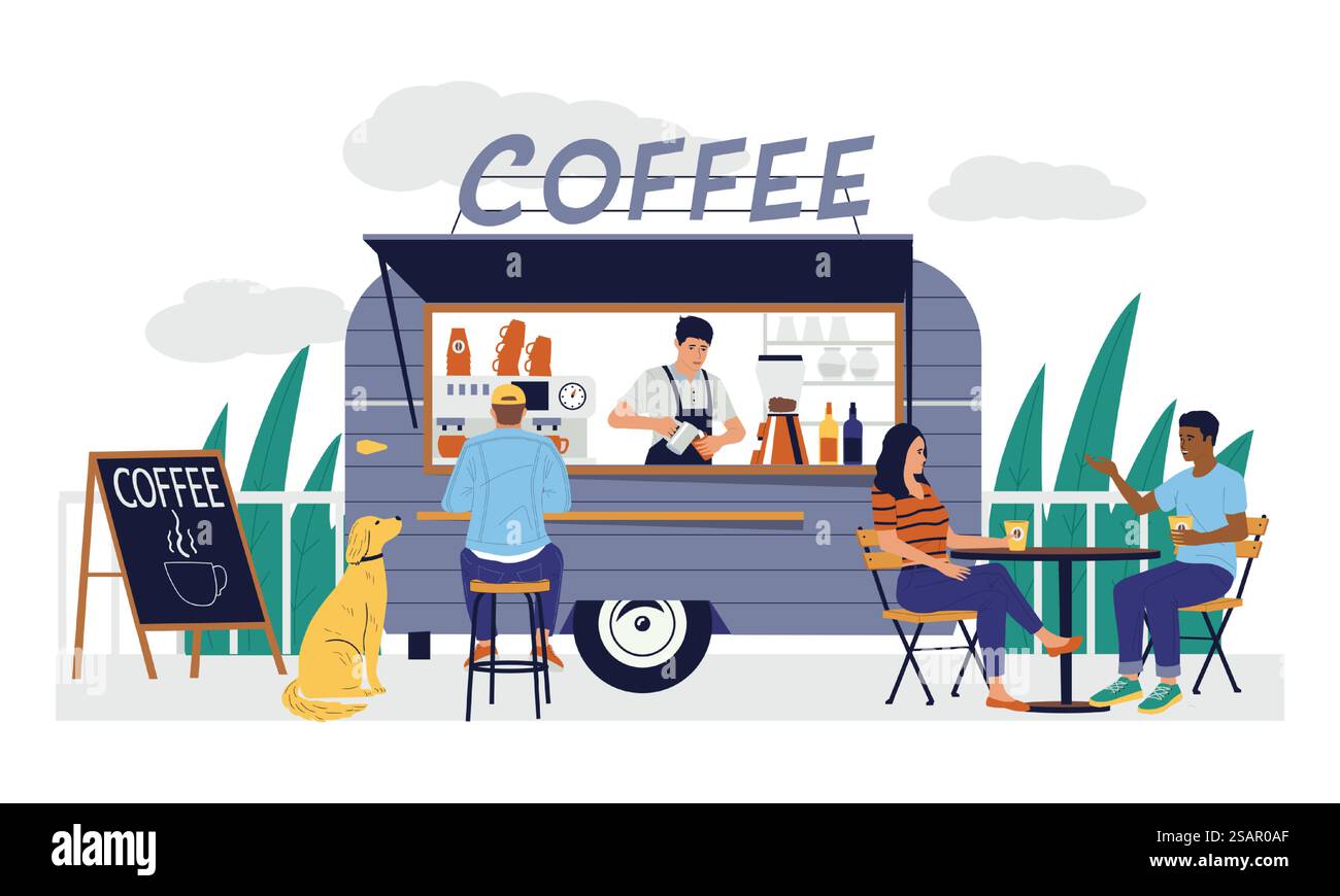 Coffee shop. Cartoon modern street cafe in van trailer, small family ...