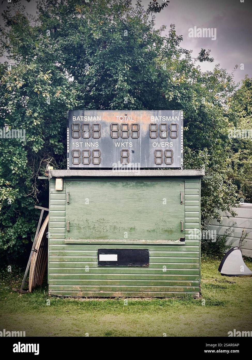 Village cricket scoreboard wooden hut Stock Photo - Alamy