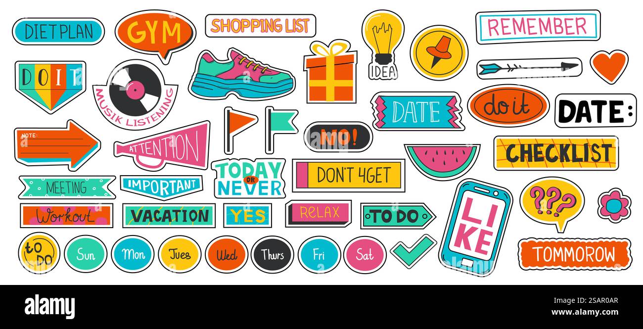Planner sticker. Cute scrapbook and diary doodle labels. Calendar and ...