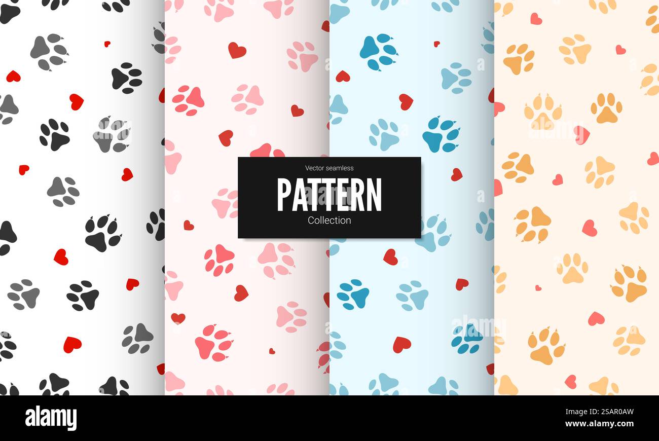 Set of Paw print seamless texture. Textile pattern cat footprints with ...