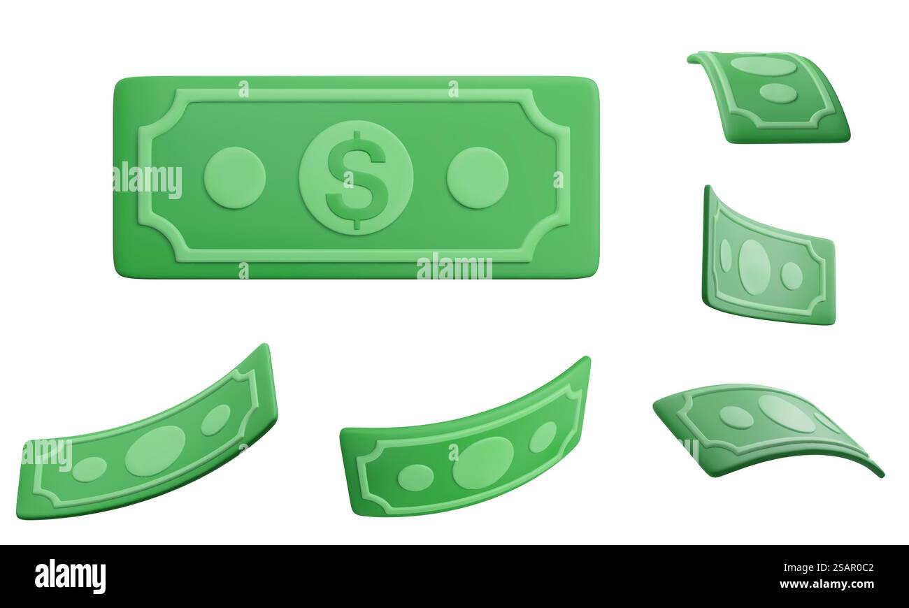 Realistic banknote currency in cartoon style. 3D green paper dollars ...