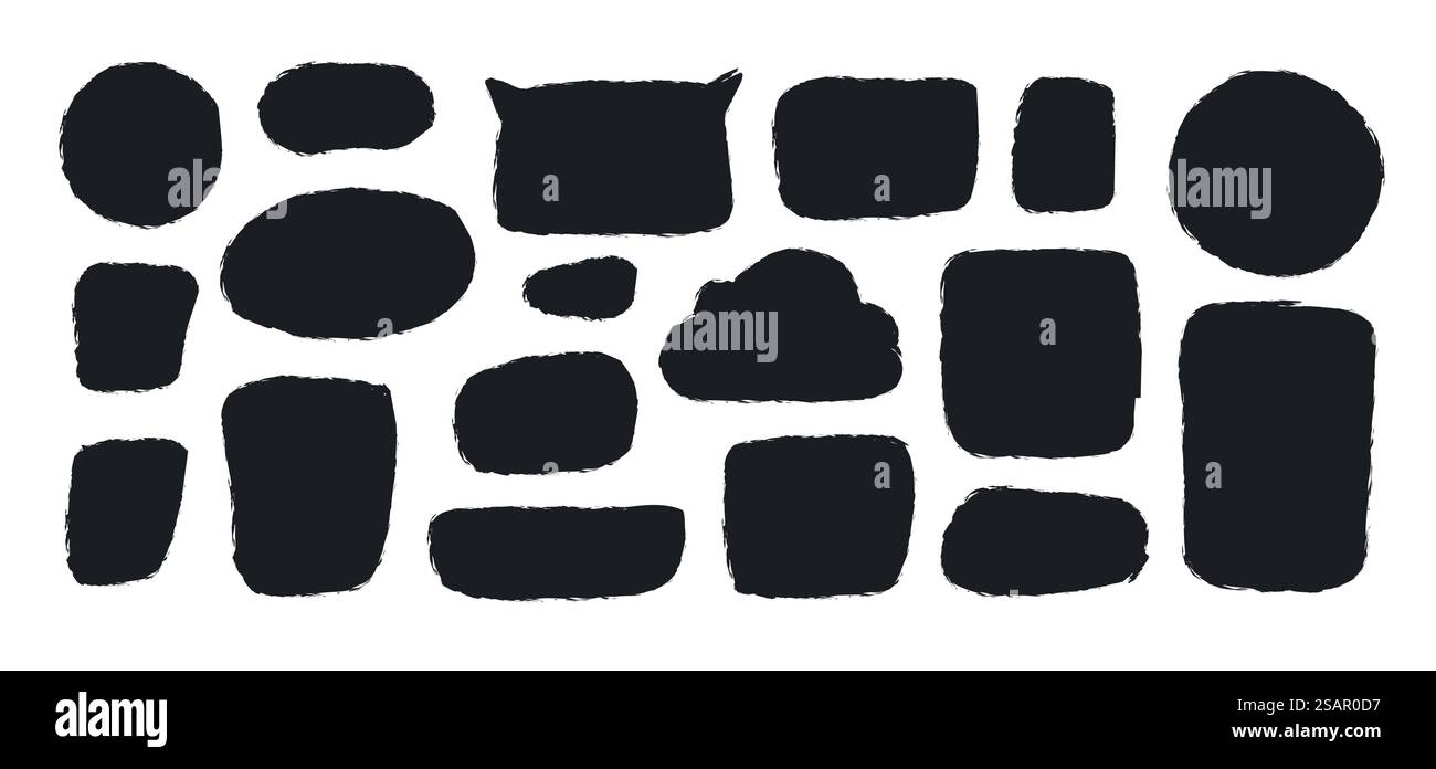 Rough shapes. Hand drawn brush stroke grunge round and square spots ...