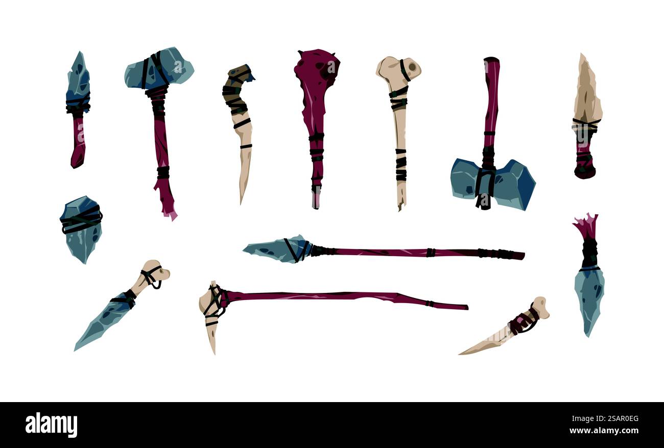 Prehistoric weapon. Cartoon fantasy game ancient fight inventory ...